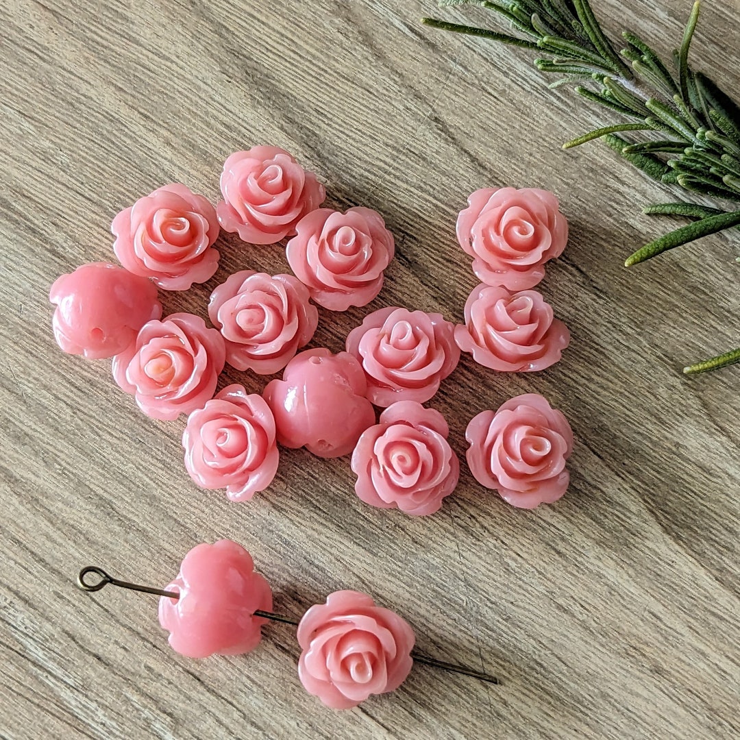 10+ Pcs Baby Pink 14mm Resin Rose Flower Beads - Side Drilled Round ...