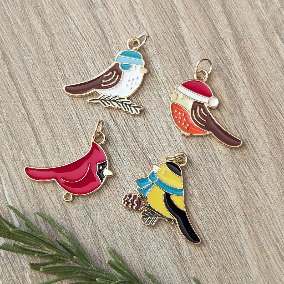 4 Pcs Winter Birds - Enameled Charms - Cardinal Sparrow Goldfinch Robin ...
