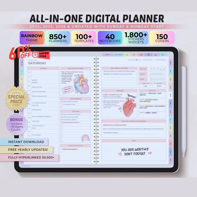 All-in-one Digital Planner 2024, 2025, 2026, Undated Digital Planner ...