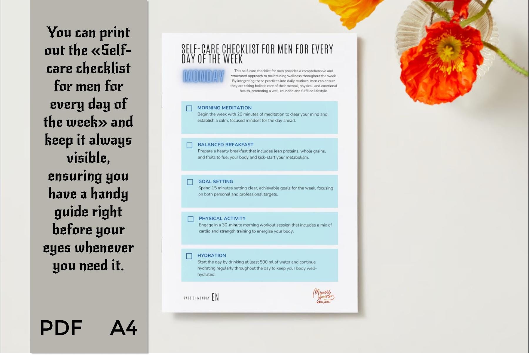 Weekly Self-care Checklist for Men - Digital Wellness Plan in English ...