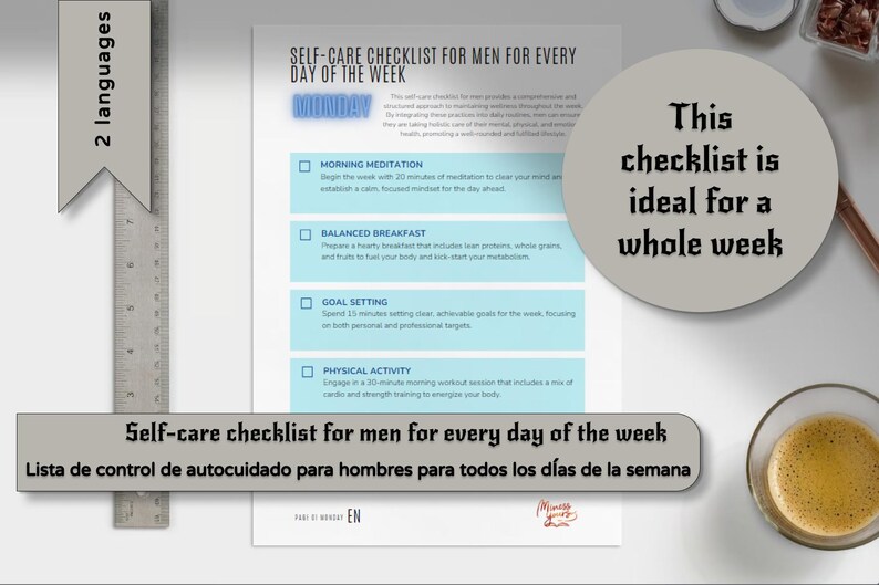 Weekly Self-care Checklist for Men - Digital Wellness Plan in English ...