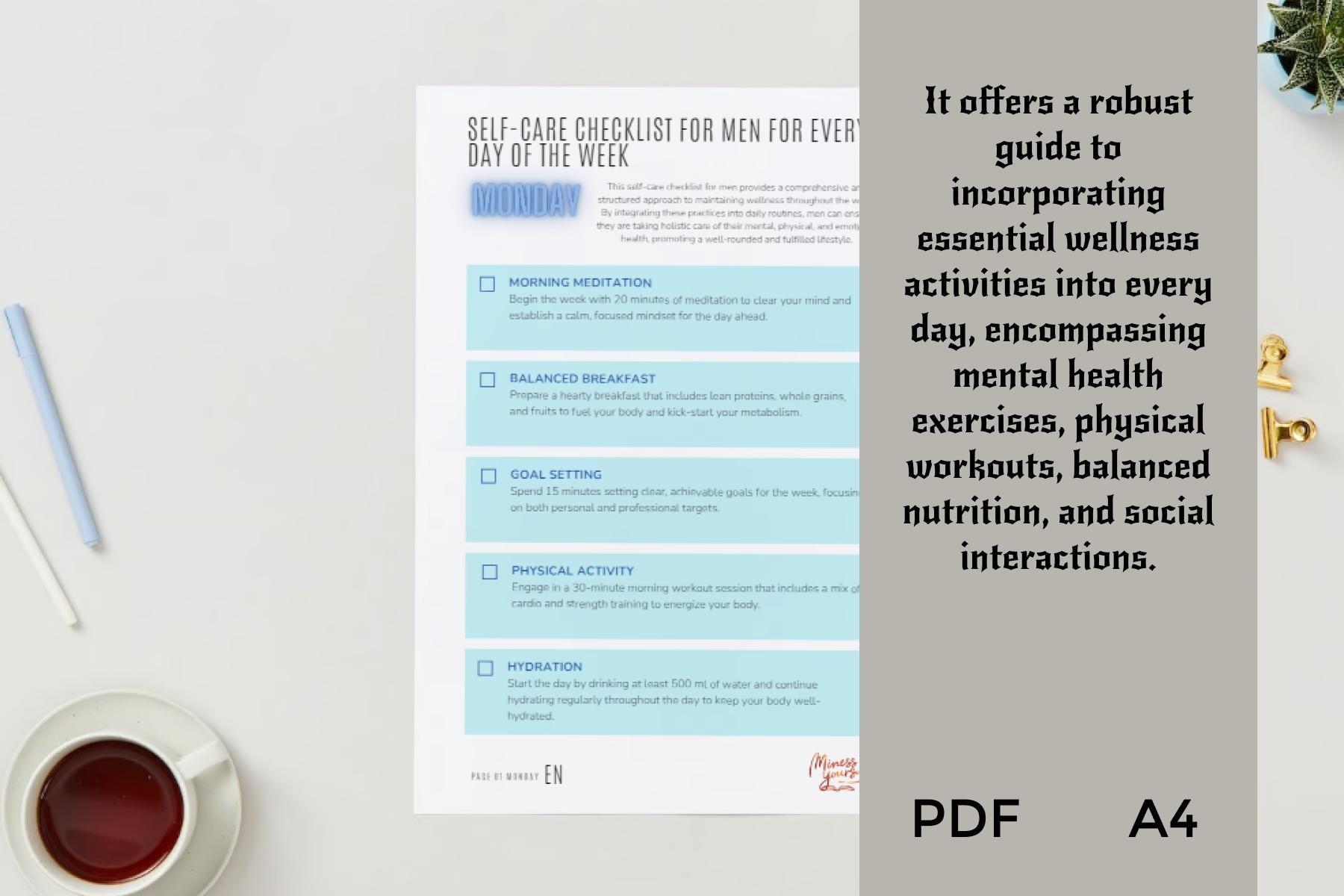 Weekly Self-care Checklist for Men - Digital Wellness Plan in English ...