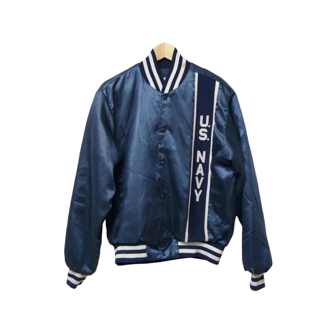 United States Navy . 70s 80s Blue and White Satin Lightweight Jacket ...
