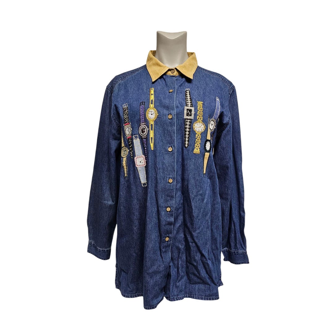 90s Bobbie Brooks Denim Shirt: Embroidered Watch Appliqué (XL) - Etsy