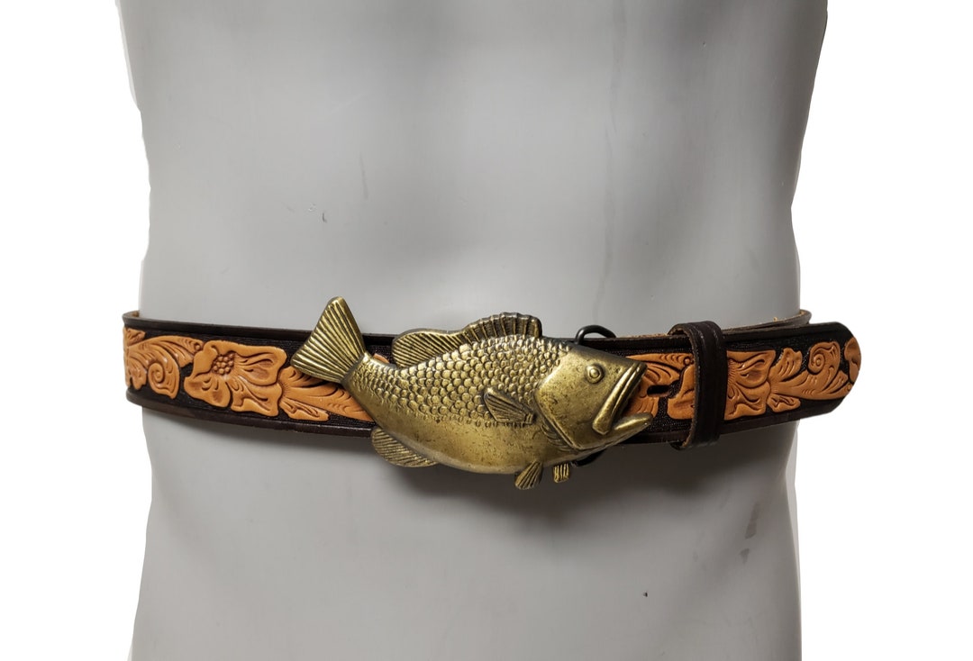 Bass Statement Buckle on Tooled Leather Belt . Size 36 - Etsy