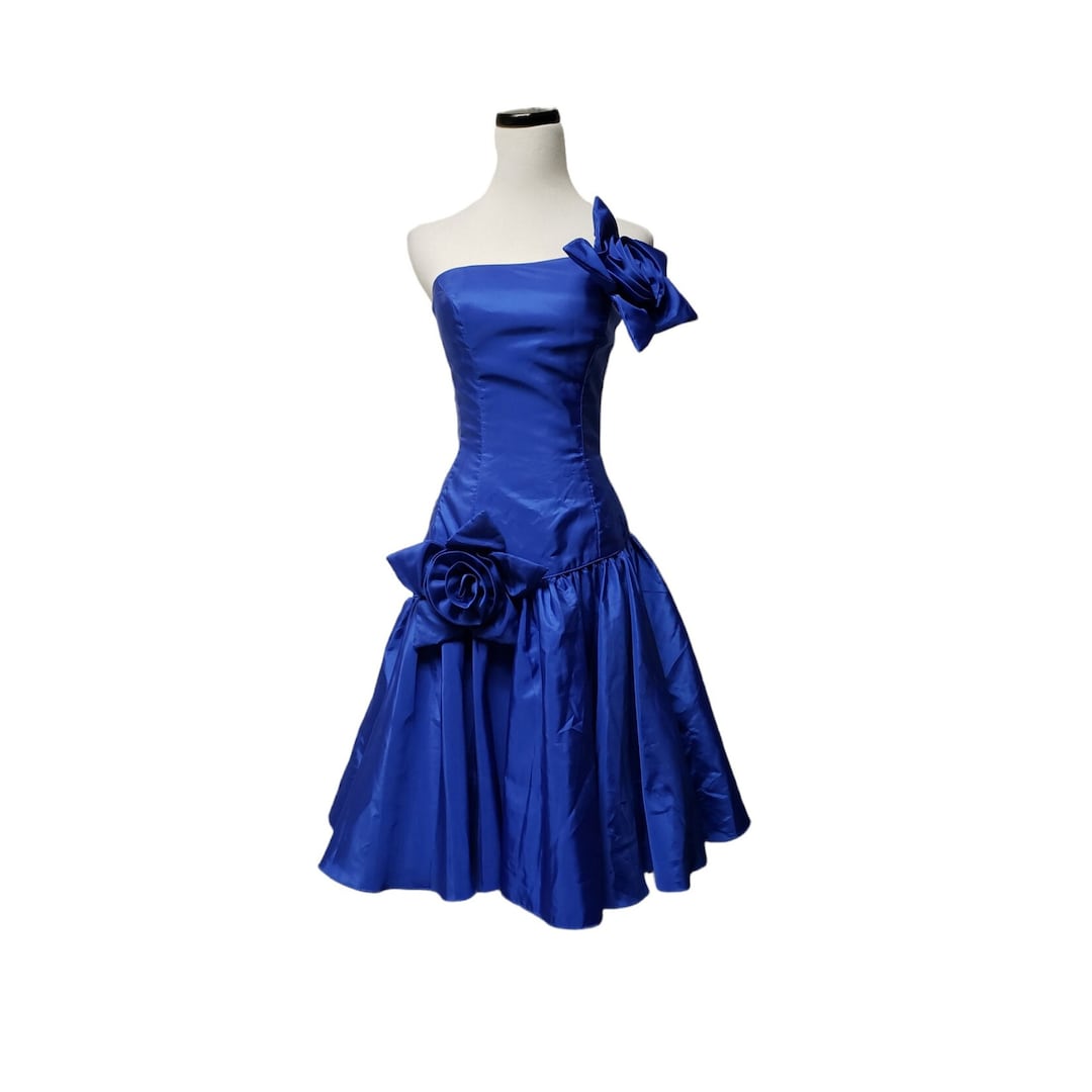 80s Mike Benet Formals Blue Big Roses Bustier Asymmetrical Prom Dress ...