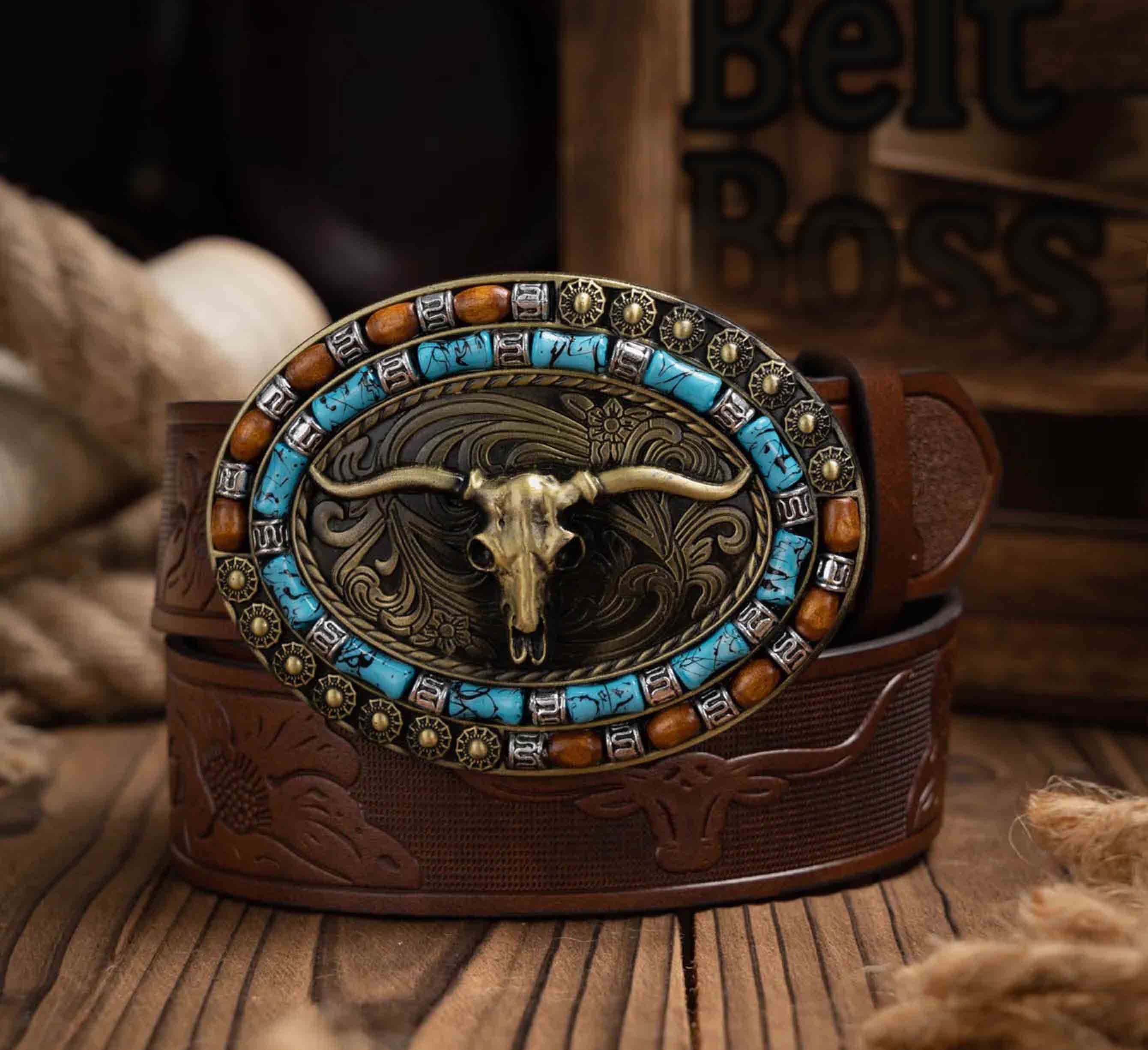 Cow Skull Rancher Leather Belt Buckle Western American Cowboy Leather ...