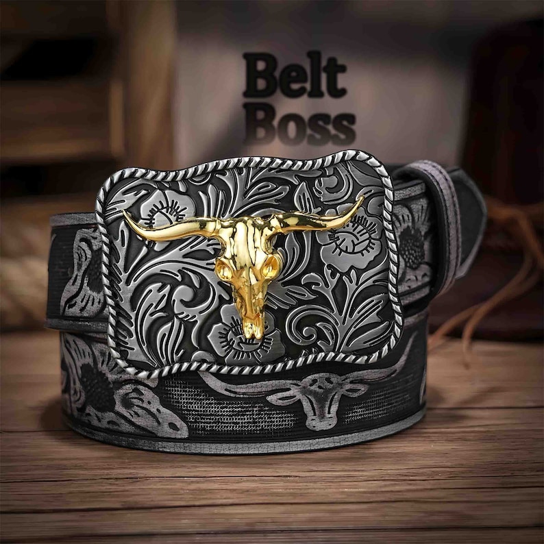 Cow Skull Leather Belt Buckle Western Nacona American Cowboy Leather ...