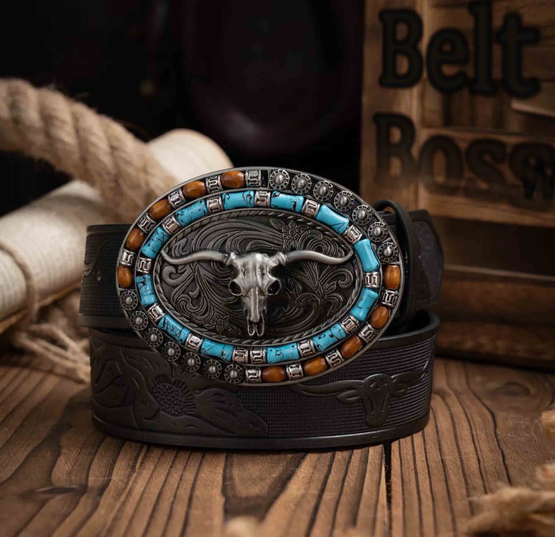 Cow Skull Rancher Leather Belt Buckle Western American Cowboy Leather ...