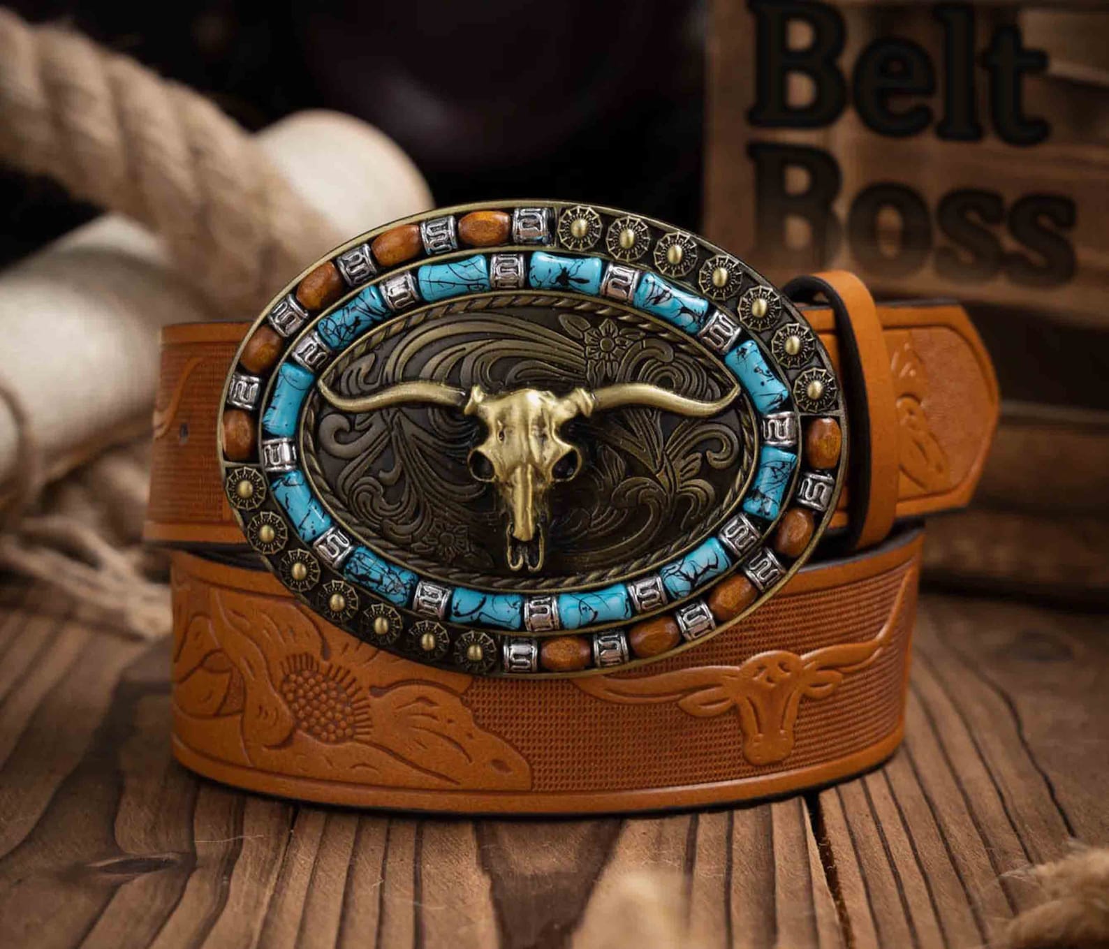 Cow Skull Rancher Leather Belt Buckle Western American Cowboy Leather ...