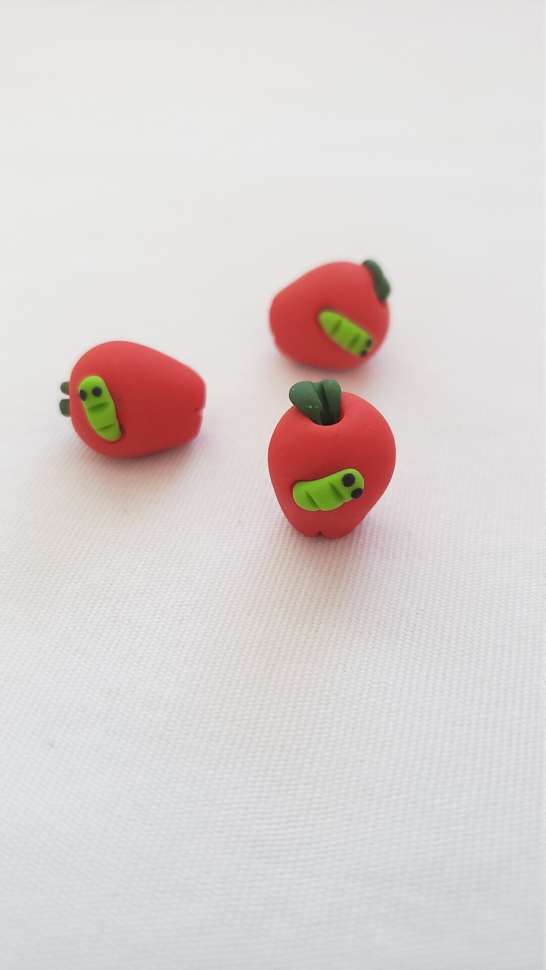 Apple Beads With Worms/ Set Of Three 15mm Polymer Clay Apples/ Handmade ...