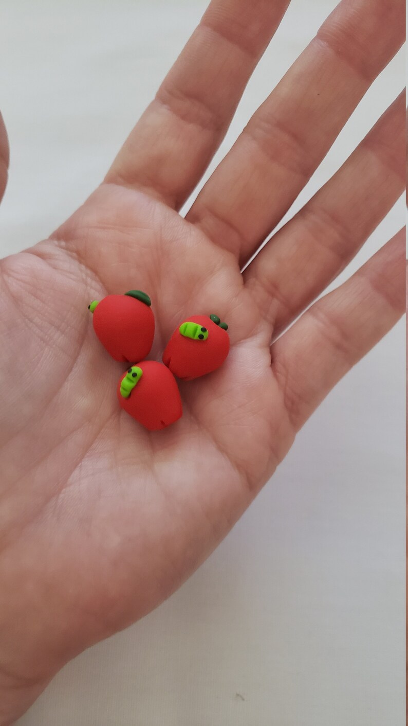 Apple Beads With Worms/ Set Of Three 15mm Polymer Clay Apples/ - Etsy ...