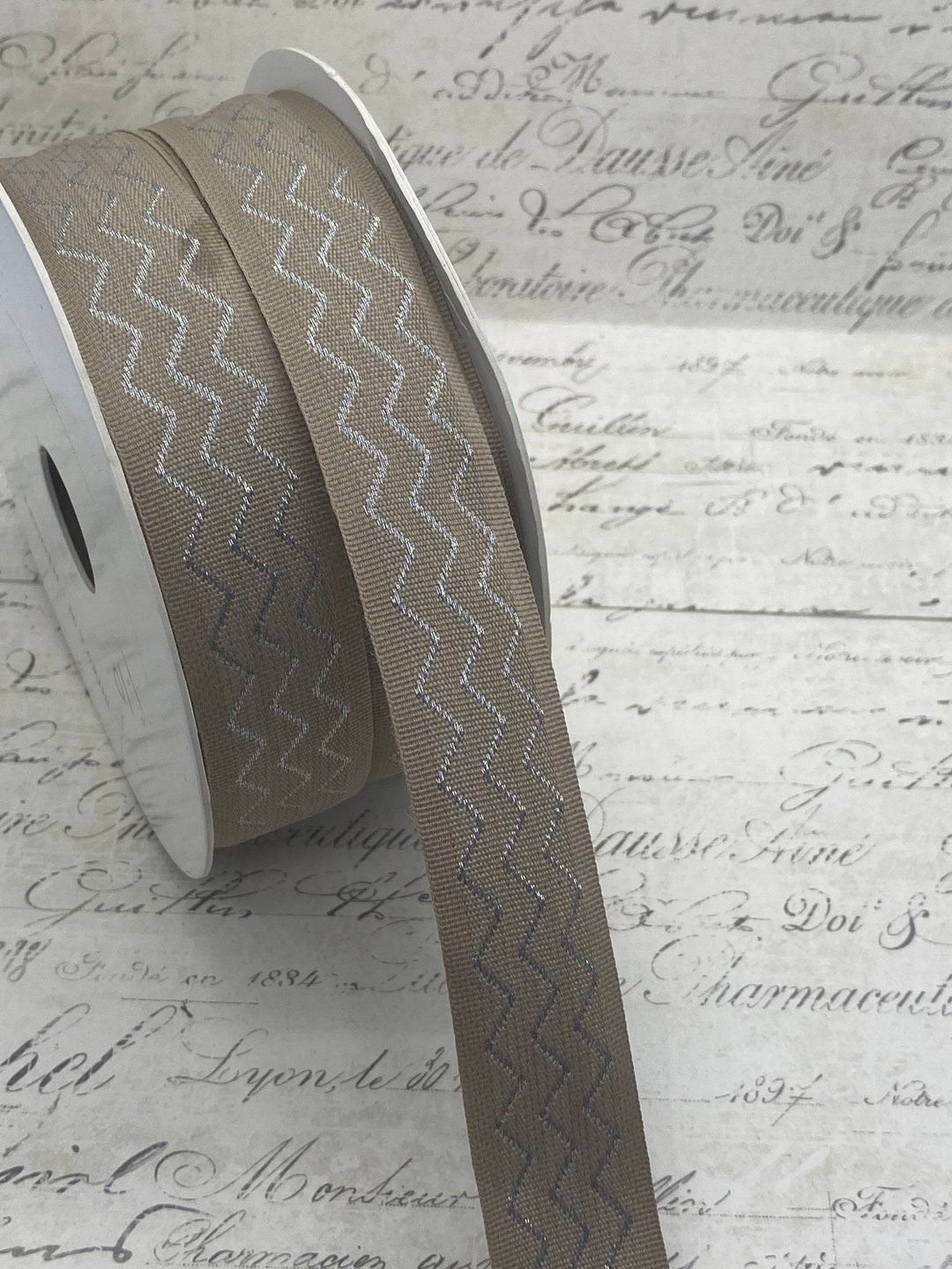 One Inch Wide Khaki Brown Ribbon With Metallic Silver Zig Zag - Etsy
