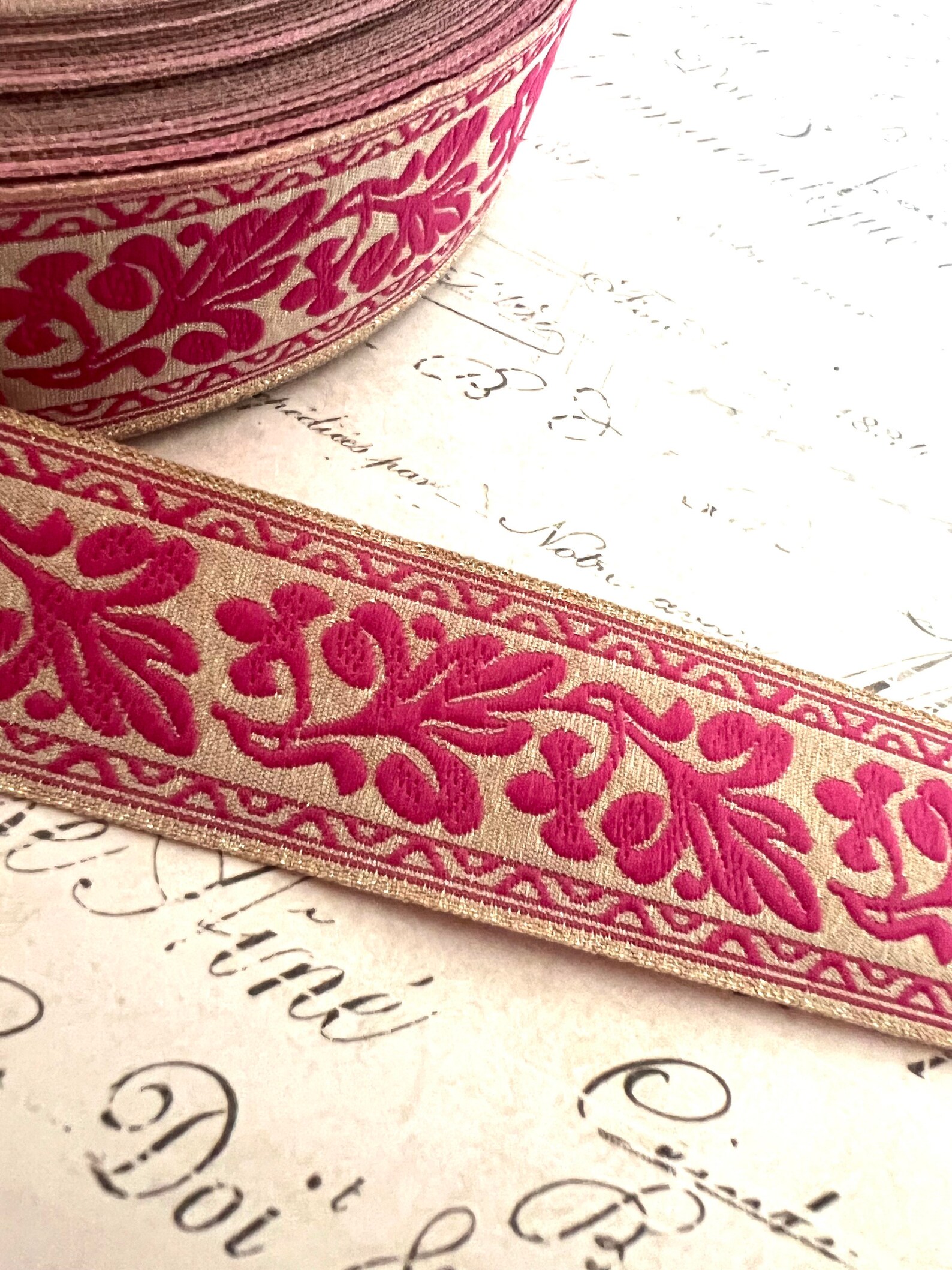 Gorgeous Hot Pink and Gold Woven Floral Ribbon 15/16 Wide - Etsy