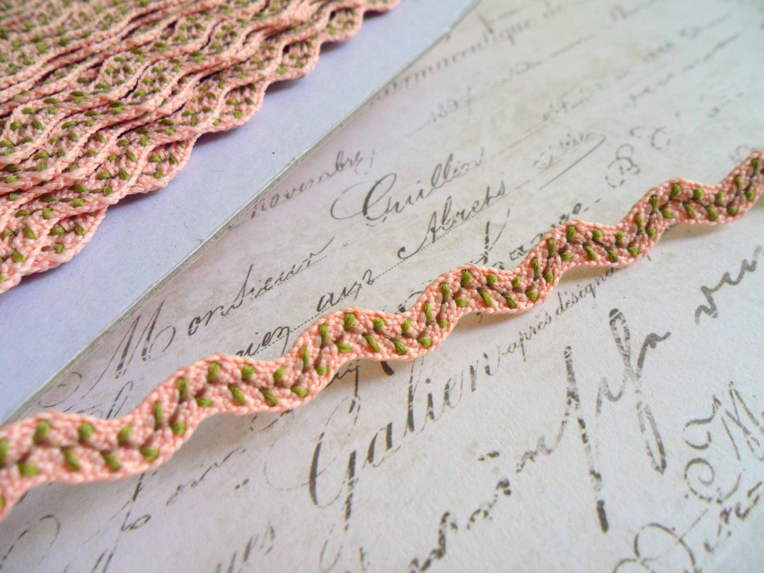 Sweet Peach Ric Rac With Green Trailing Vine Ribbon, 1/2 Inch Wide - Etsy