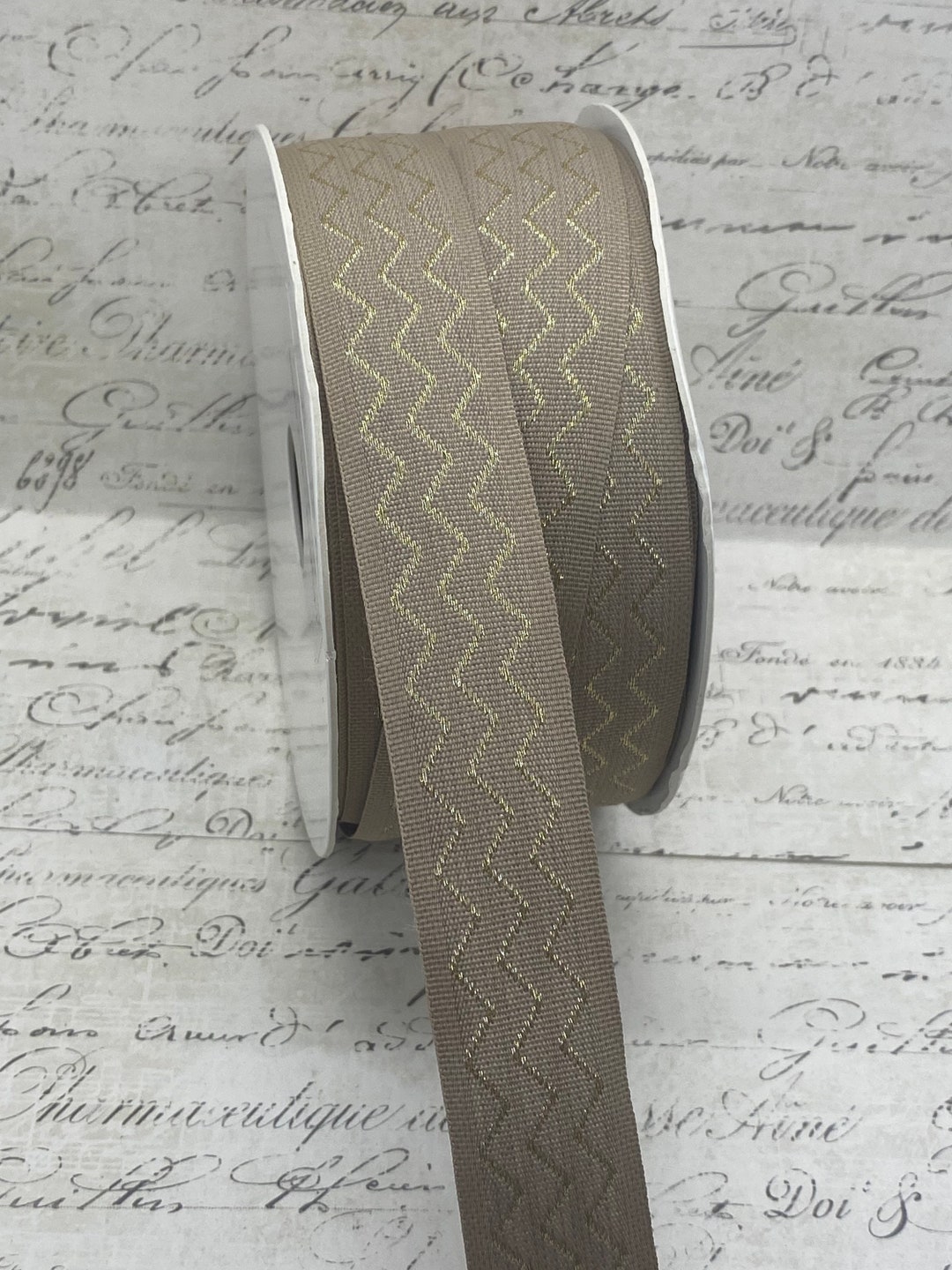One Inch Wide Khaki Brown Ribbon With Metallic Gold Zig Zag - Etsy