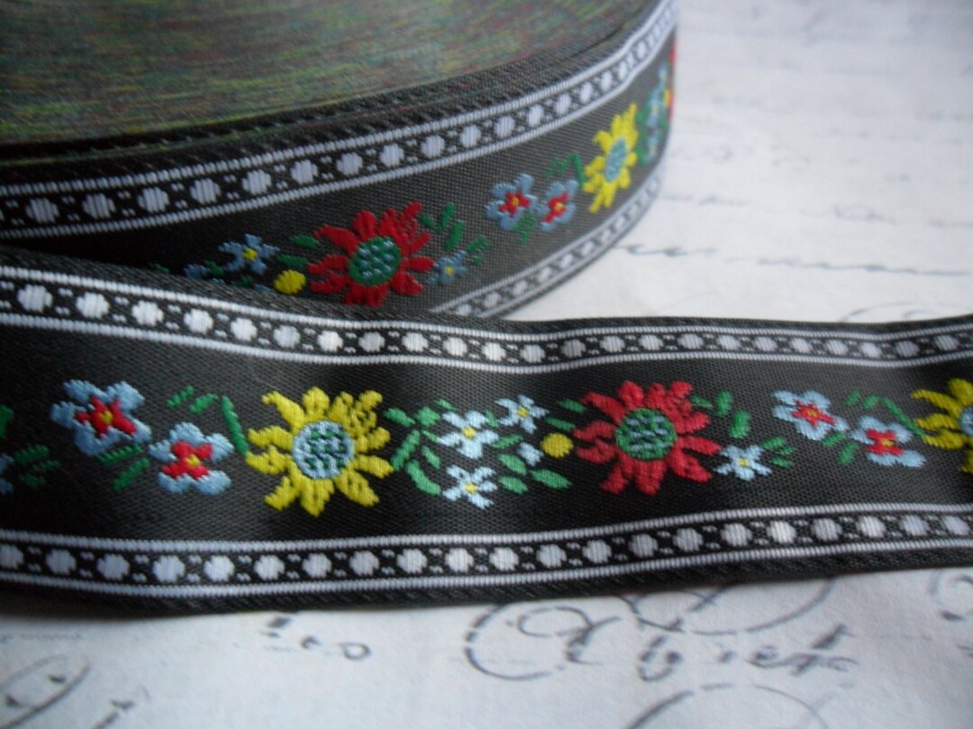 Scandinavian Style Woven Floral Ribbon Black Red Yellow Approx 3/4 Inch ...