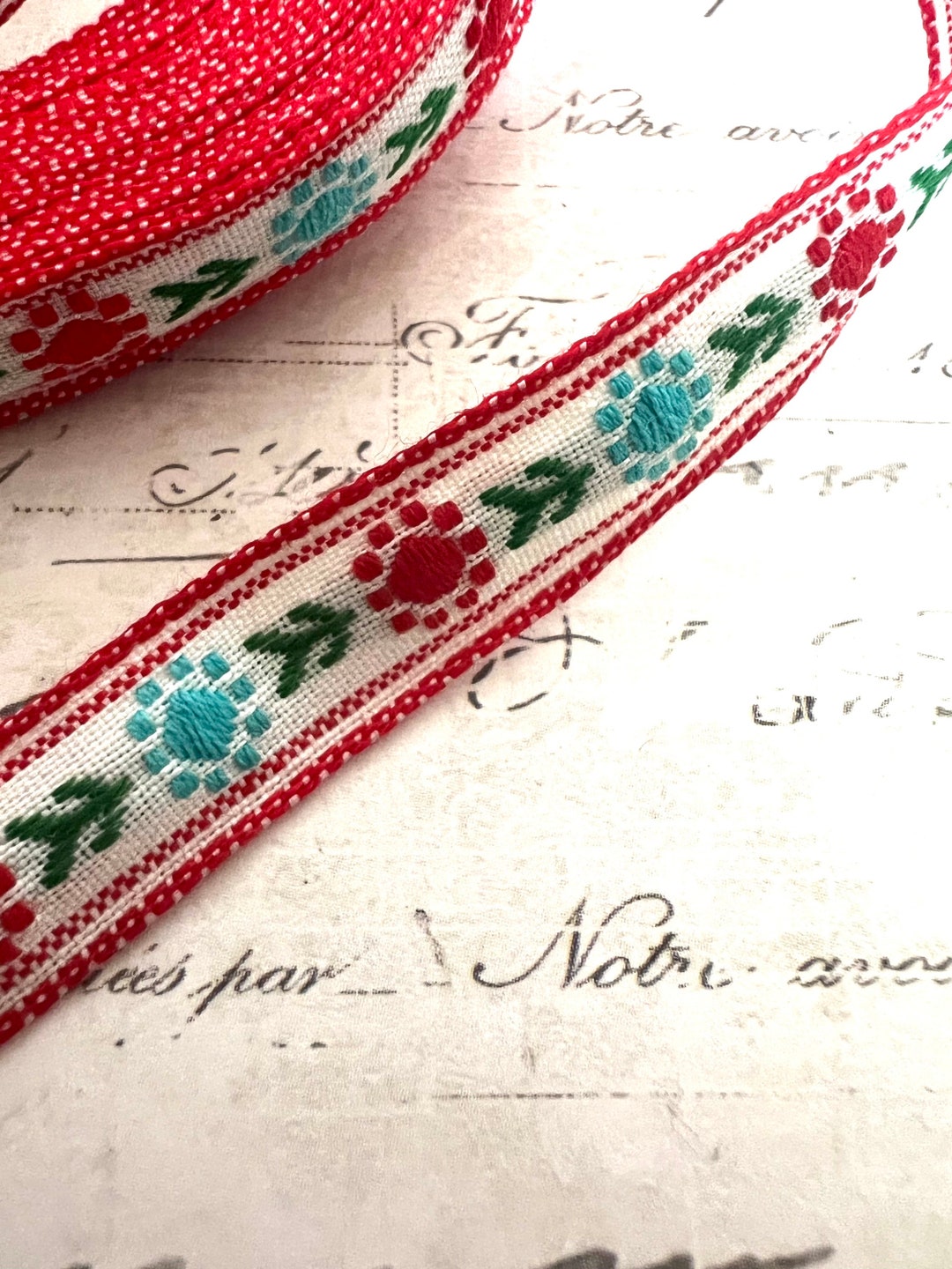 Scandinavian Style Woven Floral Ribbon Red Turquoise and White - Etsy