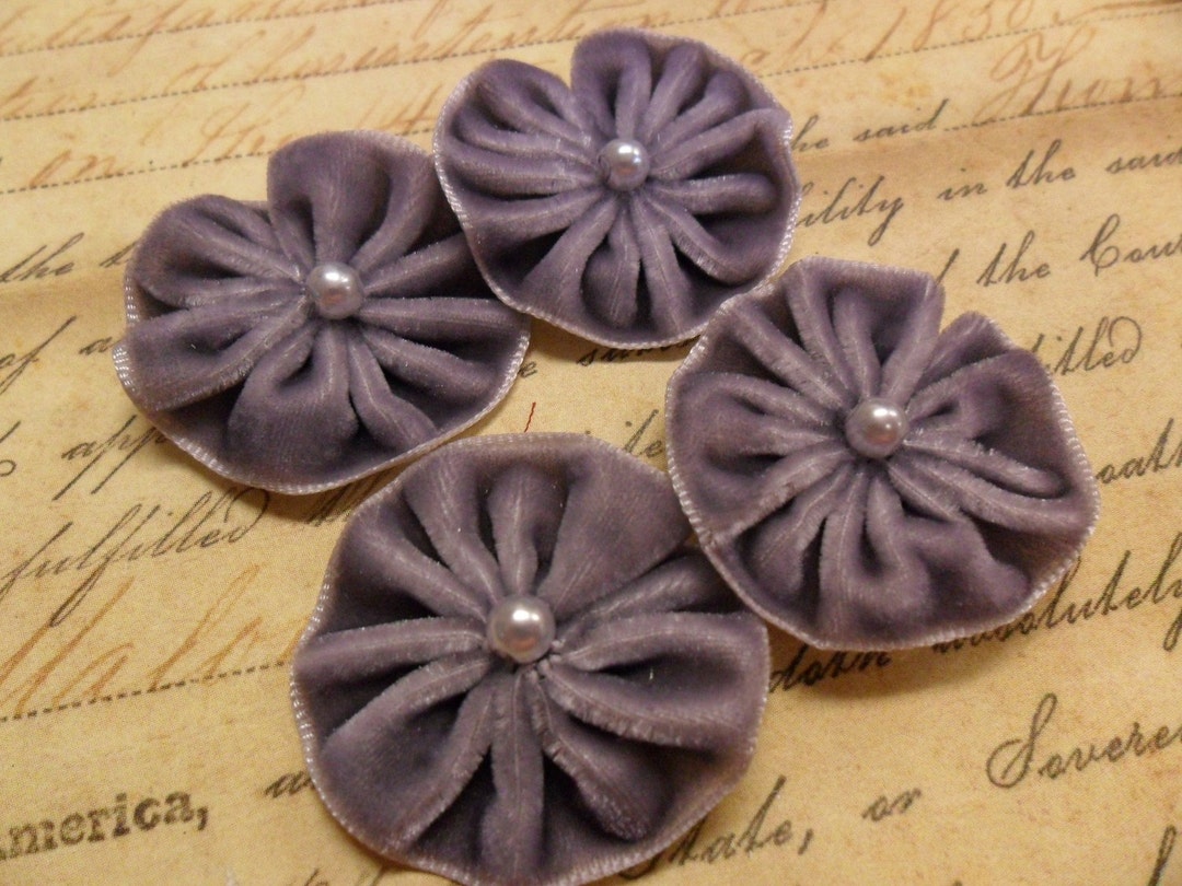 Pleated Velvet Flower Blooms With Pearl Centers Pewter Gray - Etsy
