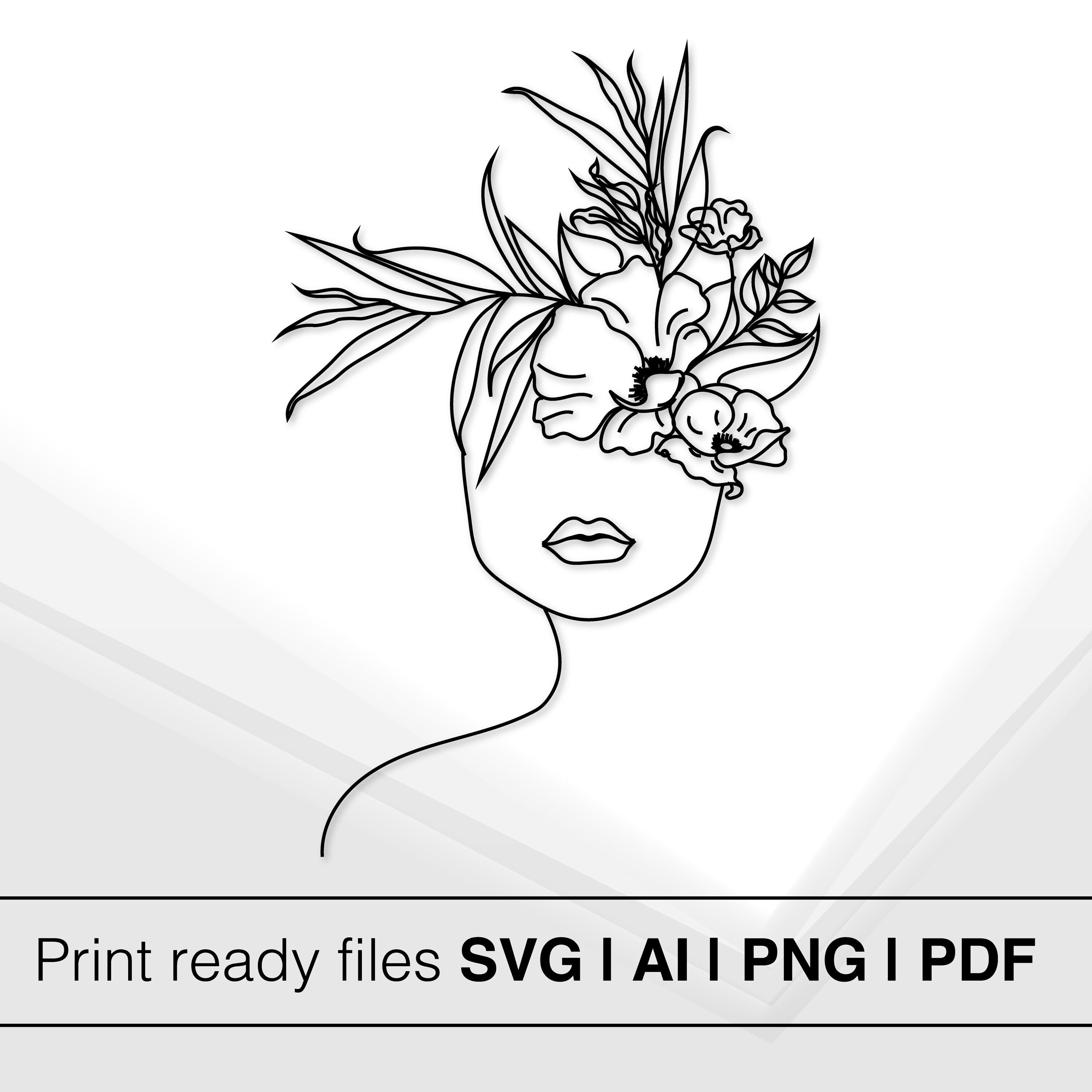 Minimalist Line Art Woman Face With Flowers | Instant Download | Black ...