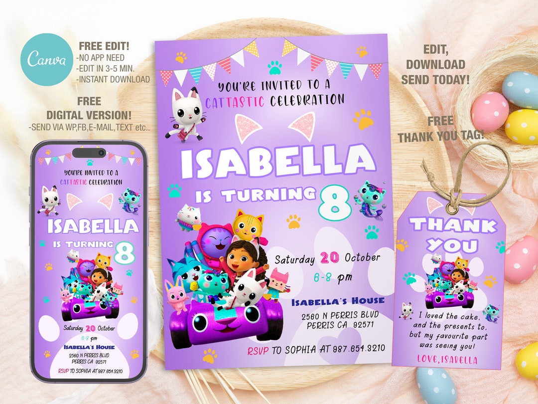 Editable Gabbys Dollhouse Birthday Invitation Template, Printable ...