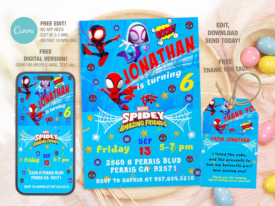 Editable Spidey and His Amazing Friends Birthday Invitation Template ...