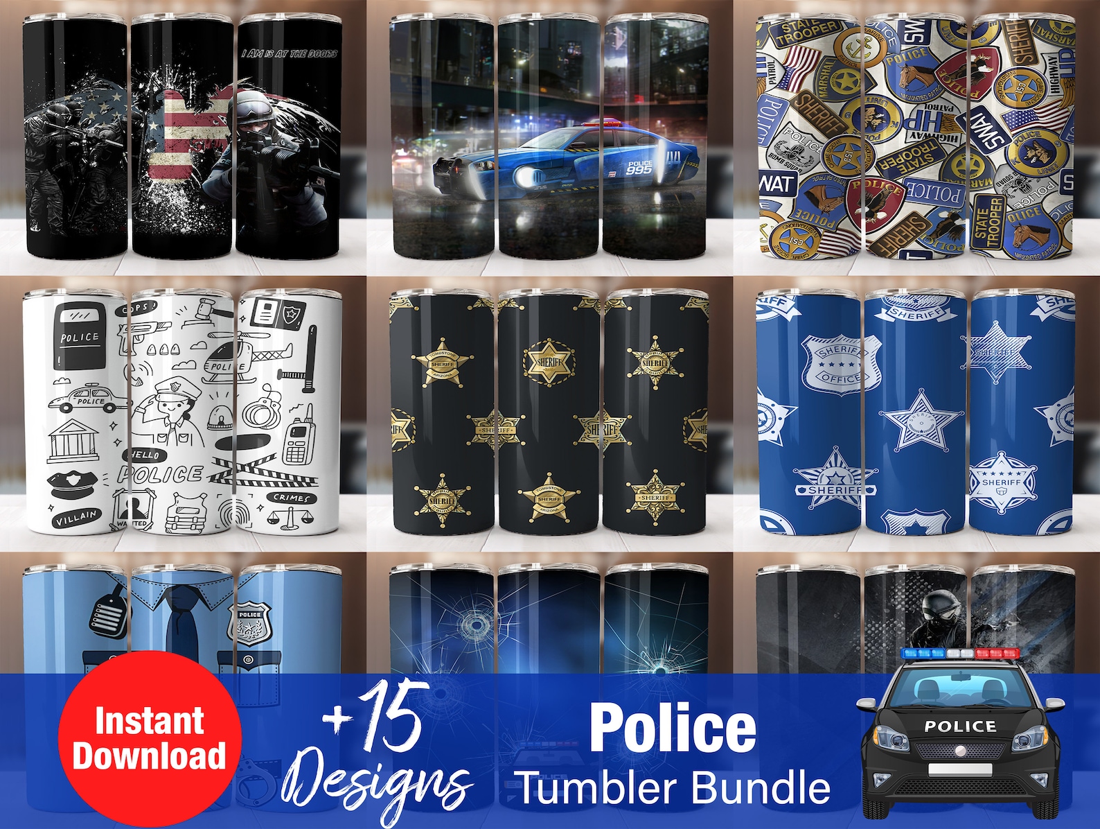 Police Tumbler Wrap Bundle, 20oz Skinny Tumbler Designs (digital ...