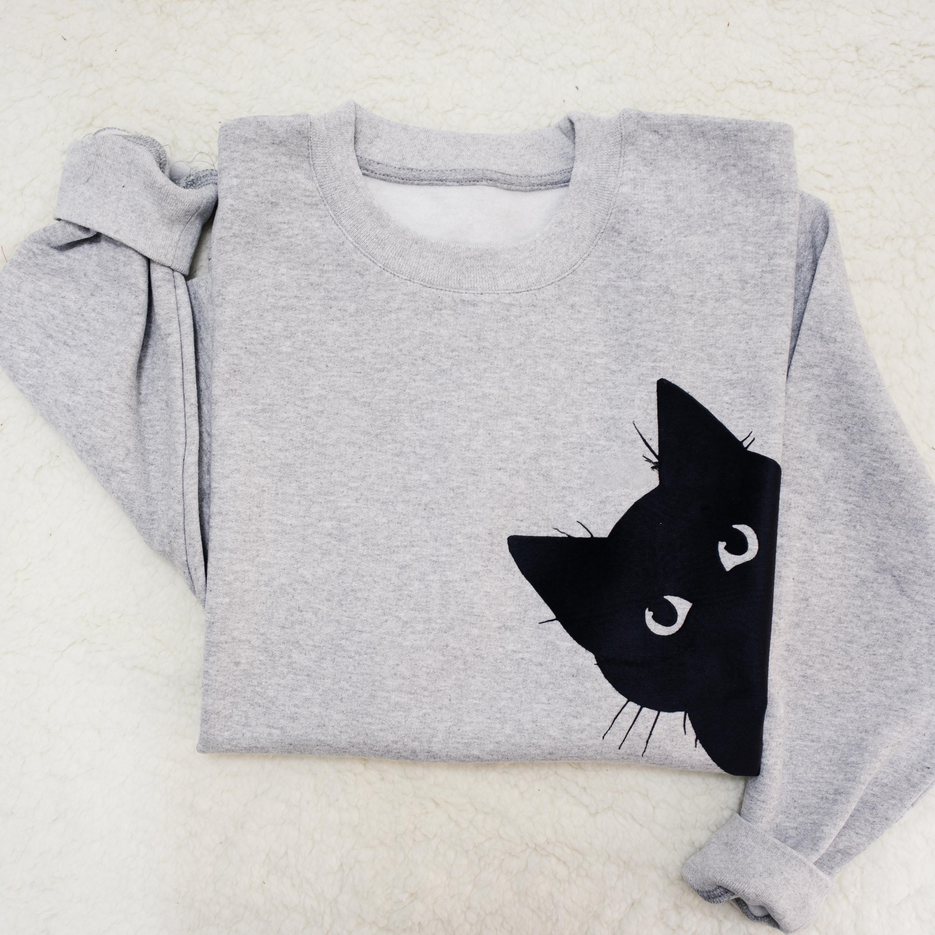 Cat Embossed Sweater, Curious Cat Sweatshirt, Black Cat Jumper, Cat ...