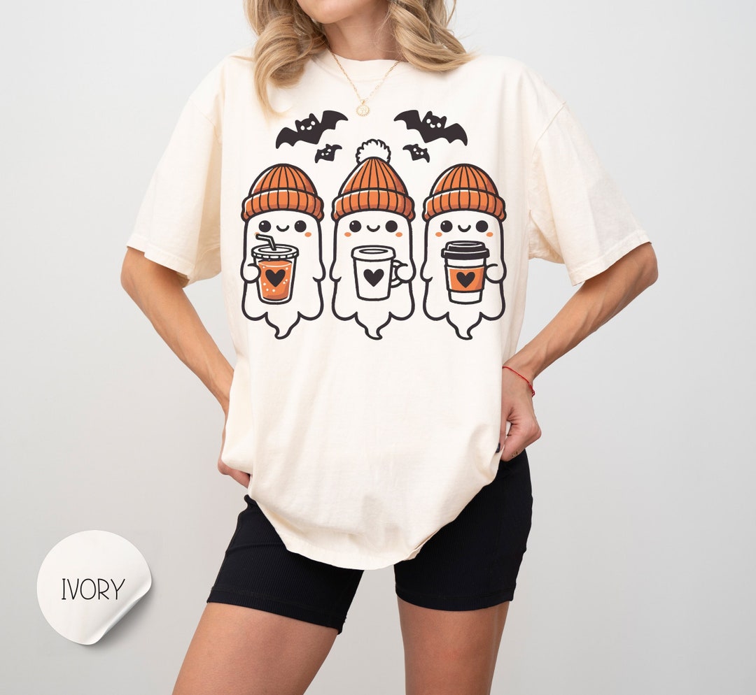 Comfort Colors Cute Ghosts With Coffee Tee Adorable Ghost Graphic T ...
