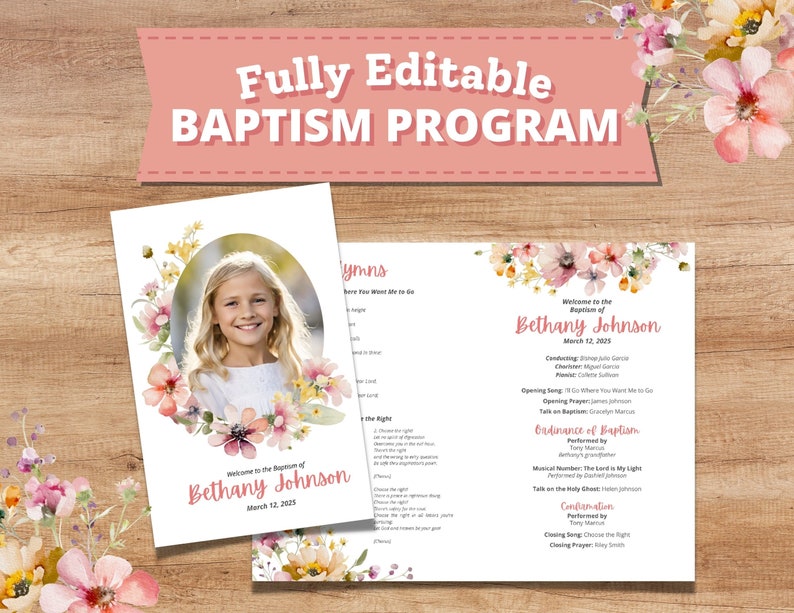 Floral LDS Girl's Baptism Program Template | Pink Purple & Yellow ...