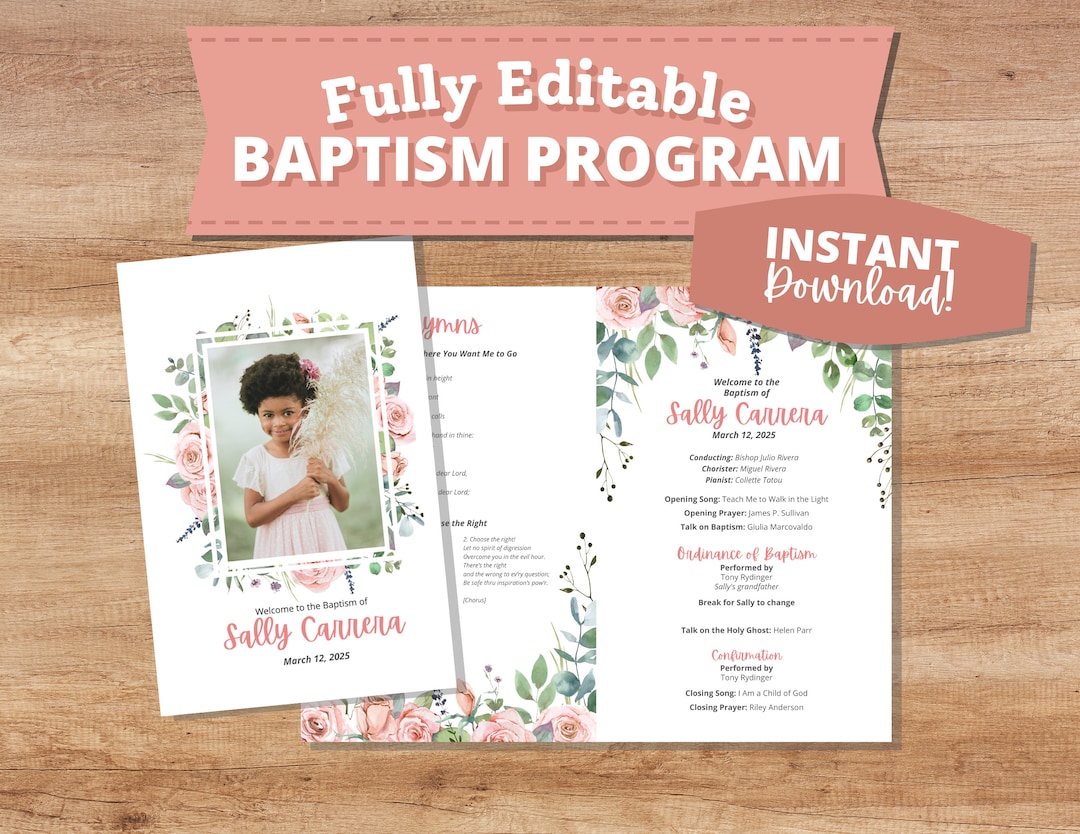 LDS Girl Baptism Program Template With Photo | Pink Watercolor Rose Mormon Baptism Program ...