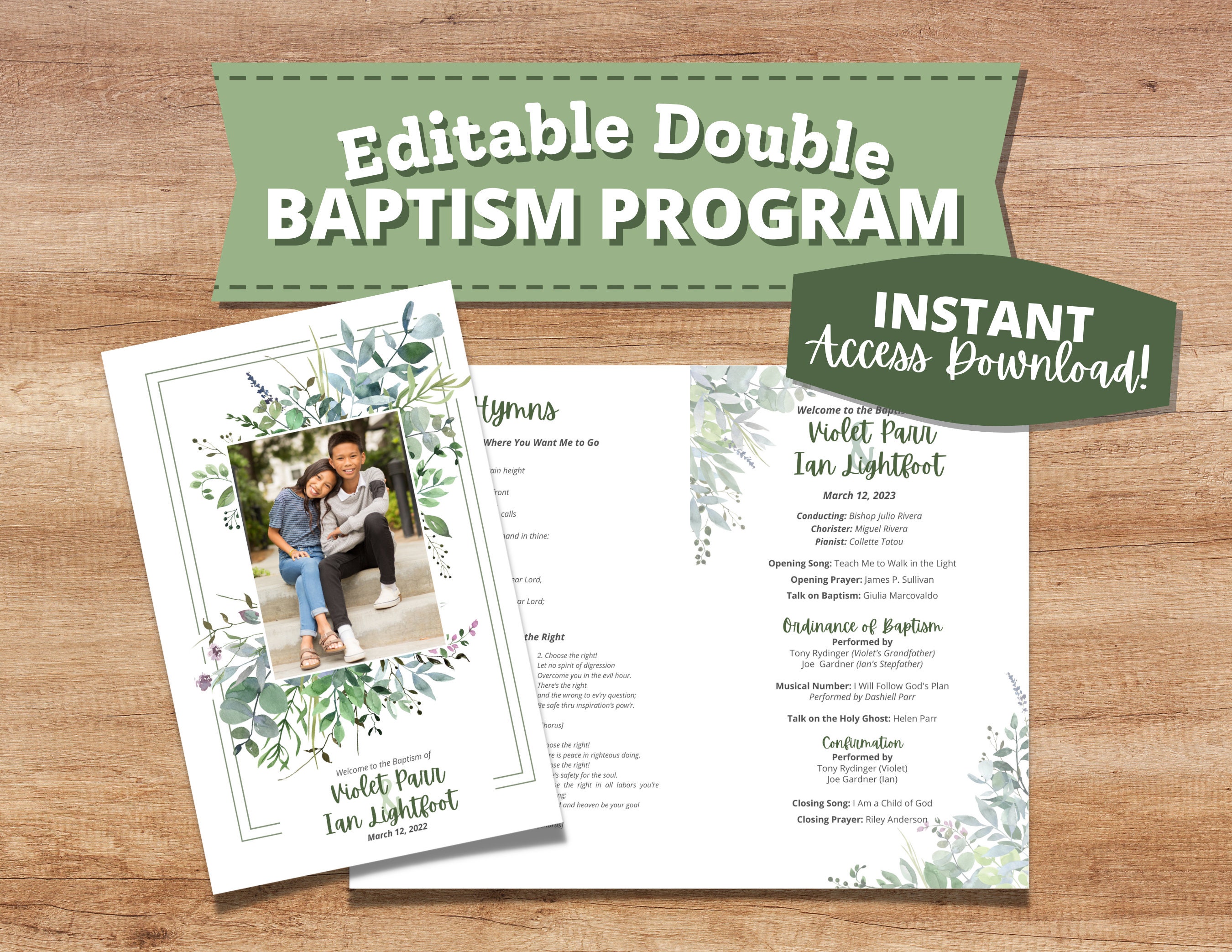 Double LDS Baptism Program Twins | Joint Dual Latter Day Saint Baptism Program Template Editable ...