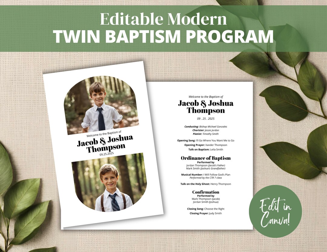 Twin LDS Baptism Program Template | Modern Minimalist Arch Design ...