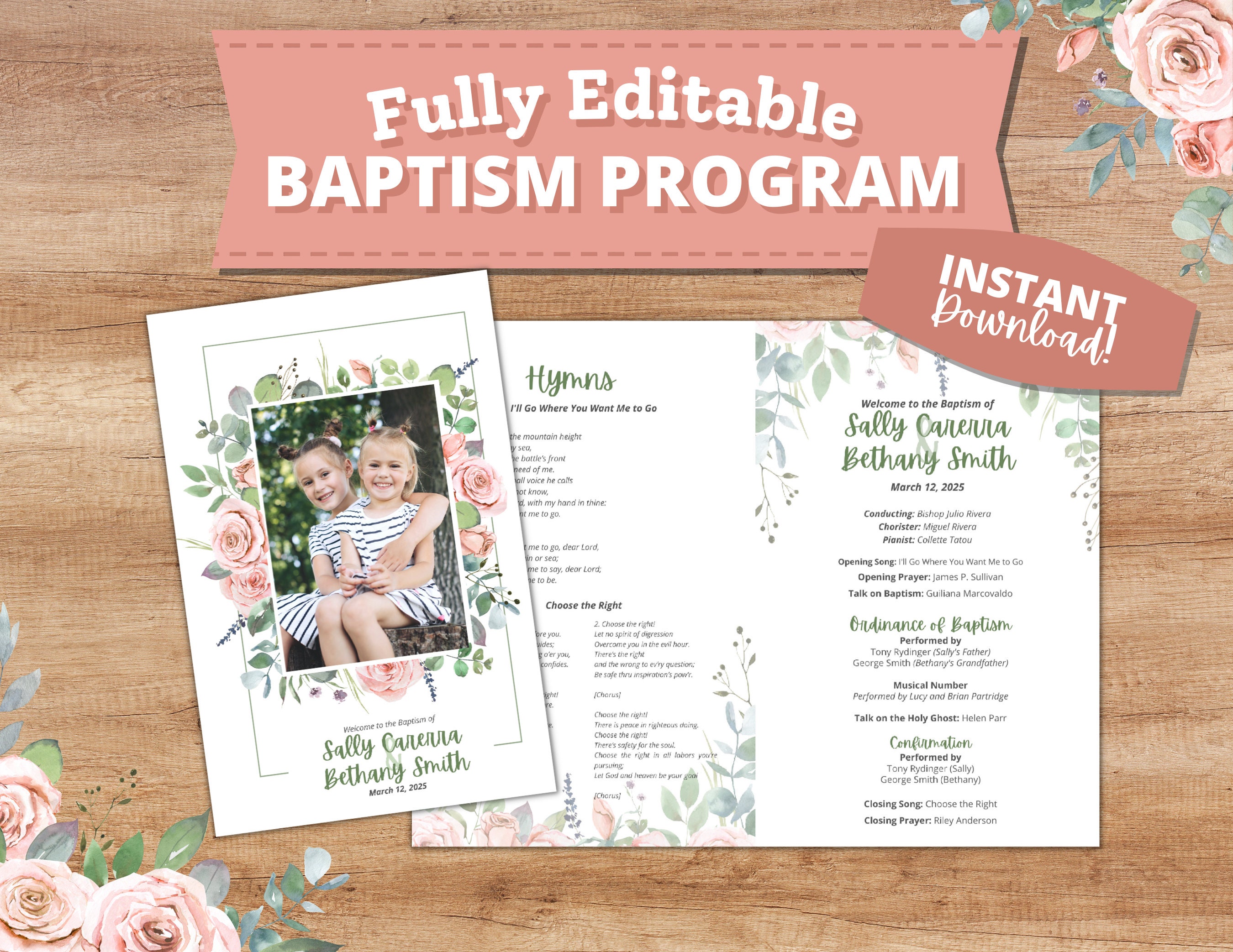 Double LDS Baptism Program for Girls | Twins Baptism Program | Pink ...