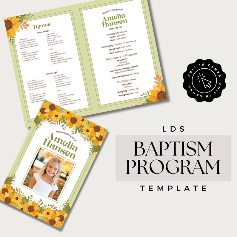 Sunflower LDS Baptism Program Template | Editable Canva Printable - Etsy