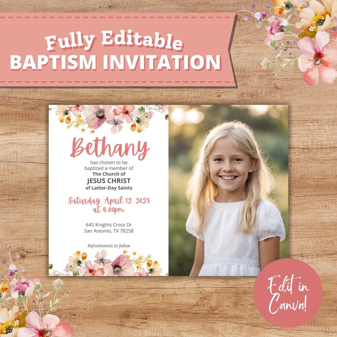 Spring LDS Baptism Invitation Template for Girls | Editable 5x7 Floral ...