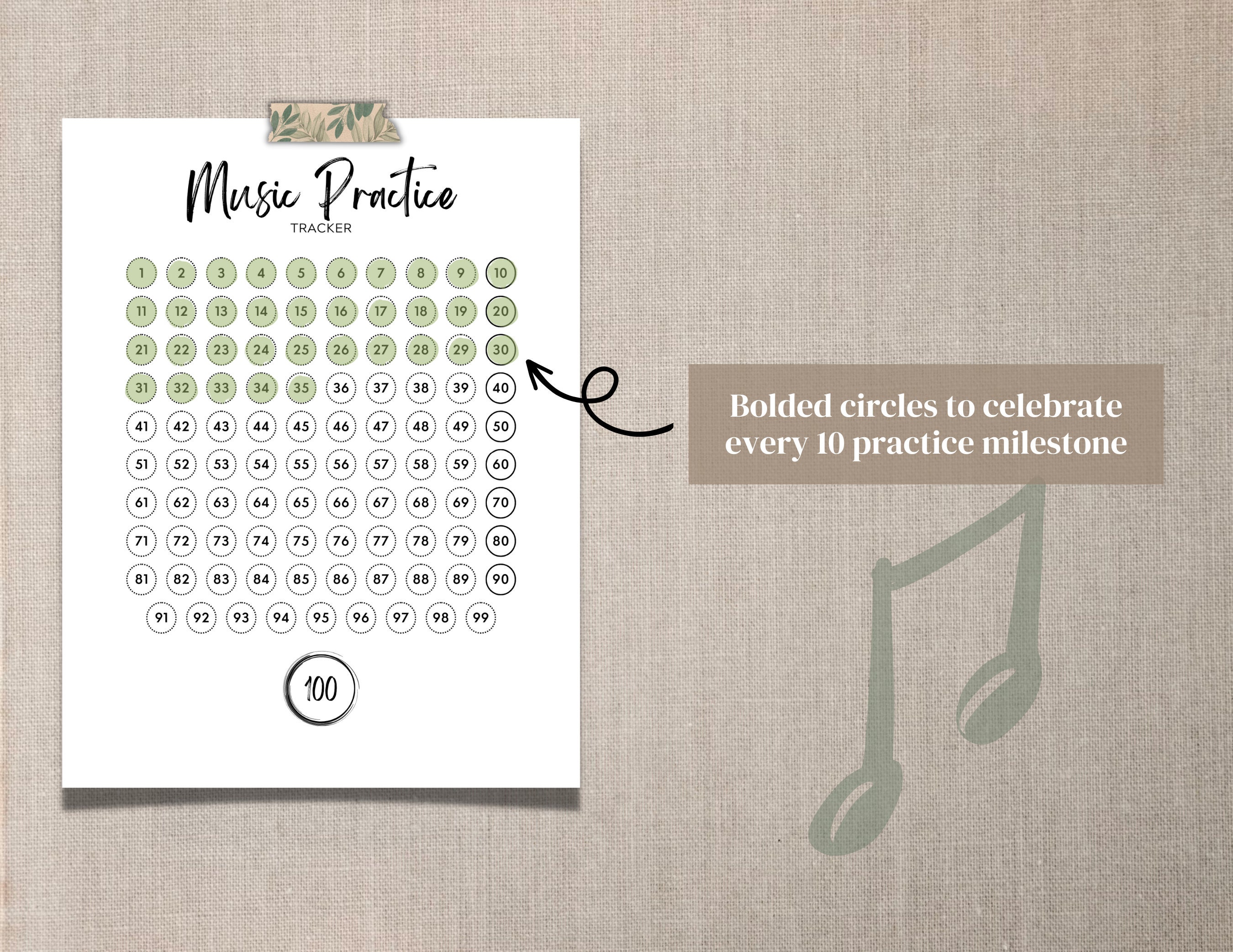 Printable Music Practice Tracker With Color in Bubbles | Undated 100 ...