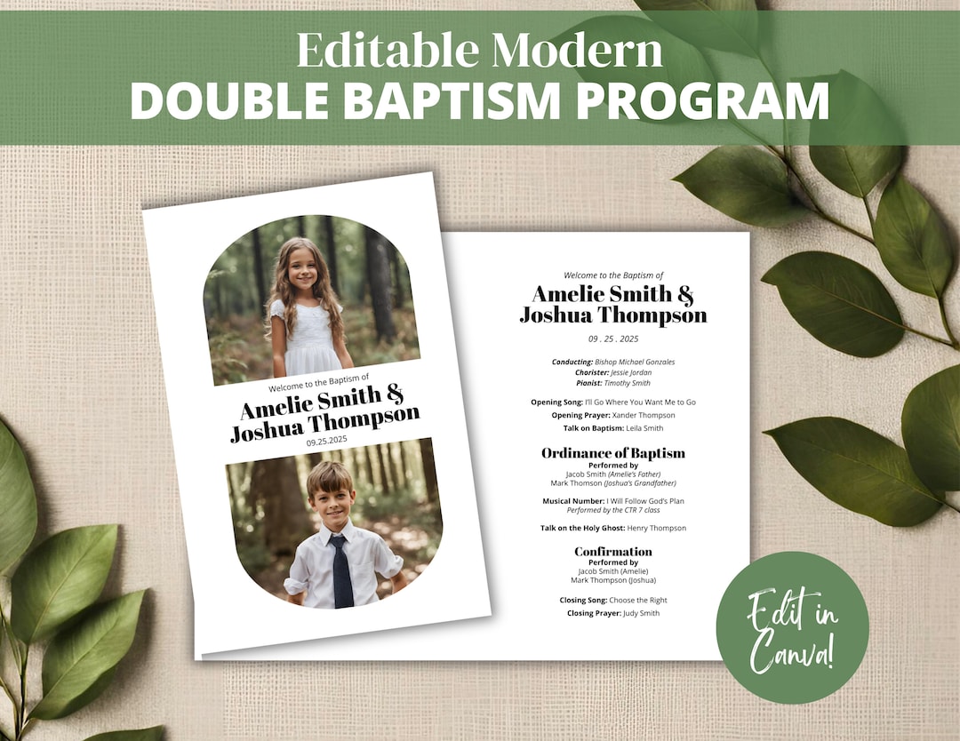 Modern Double LDS Baptism Program | Minimalist Design (editable Canva ...