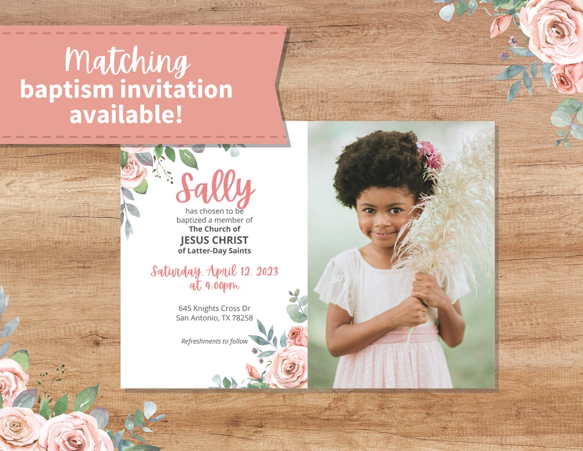LDS Girl Baptism Program Template With Photo Pink Watercolor Rose ...