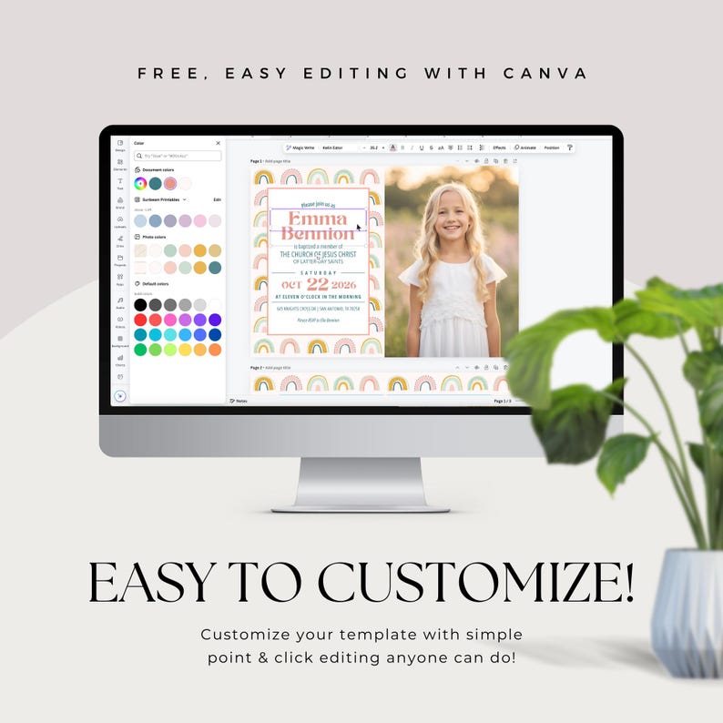 Boho Rainbow LDS Baptism Program | Pink, Blue & Yellow (canva Template ...