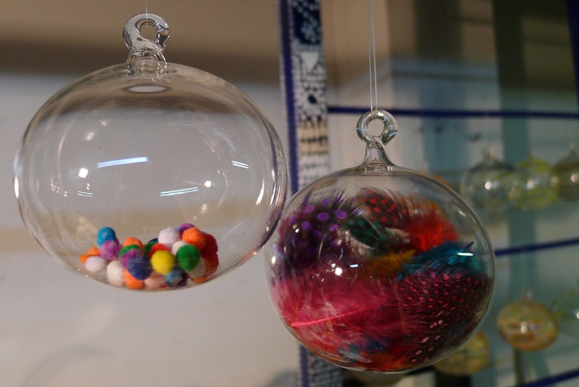 Clear Glass Ornament With Pom Poms - Hand Blown and Sculpted by Jenn ...