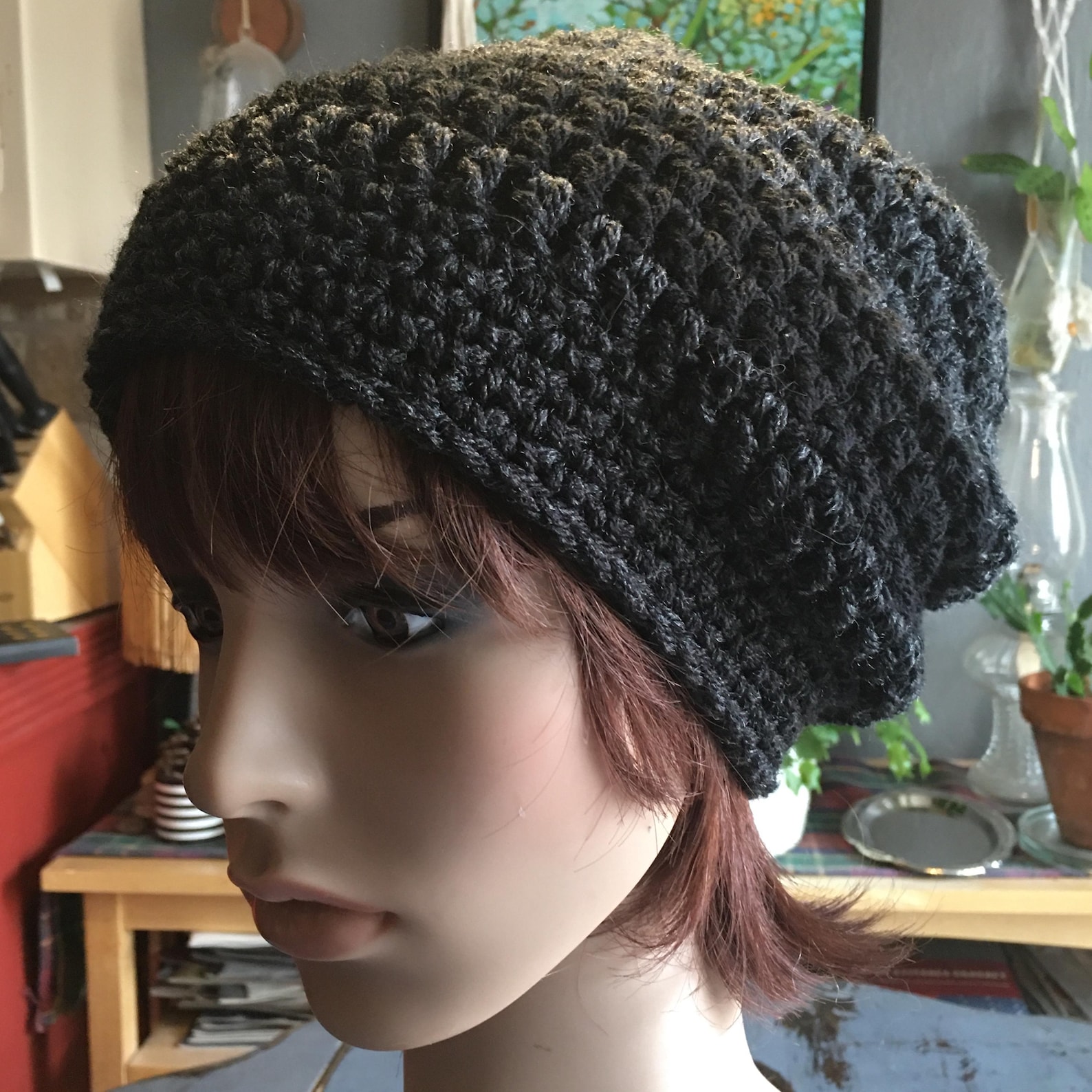 Crochet Long Slouch Beanie Hat in Dark Charcoal Grey With Black Band - Etsy