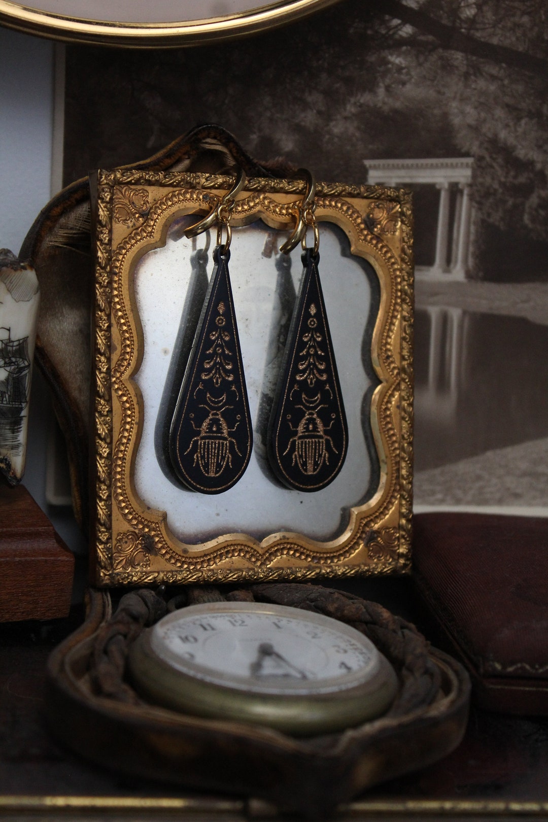 Beetle Teardrop Drop Black and Gold Etruscan Revival Greek Revival ...