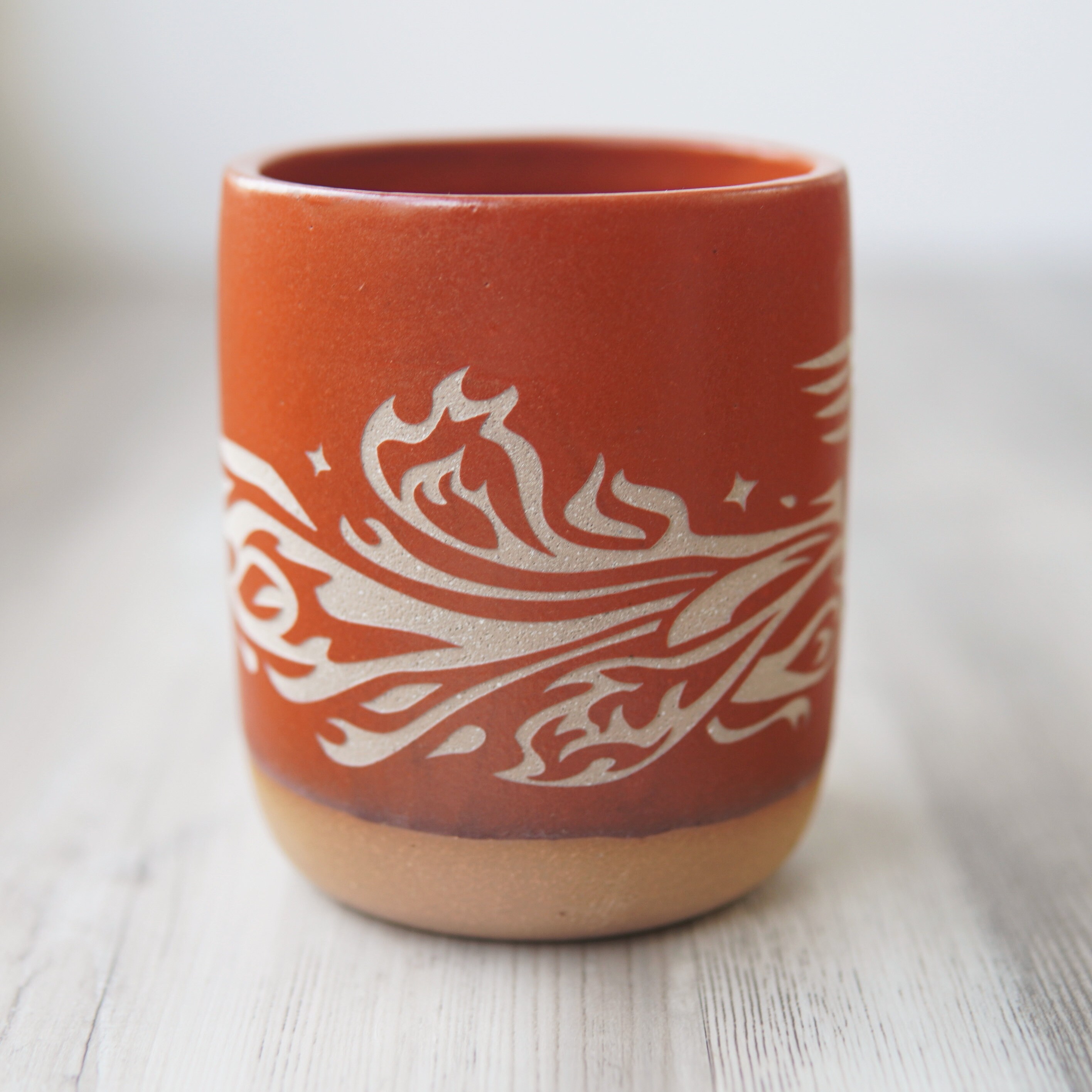 Phoenix Mug - Flaming Bird of Renewal Engraved Rustic Pottery - Etsy