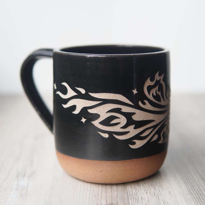 Phoenix Mug - Flaming Bird of Renewal Engraved Rustic Pottery - Etsy