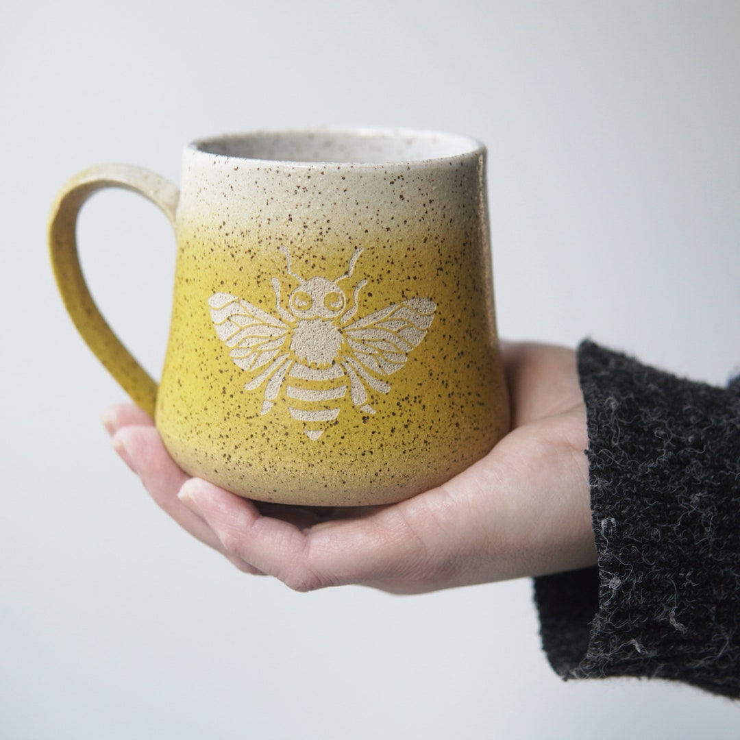 Honey Bee Mug Rustic Handmade Pottery in Speckled Yellow or Shiny Black ...
