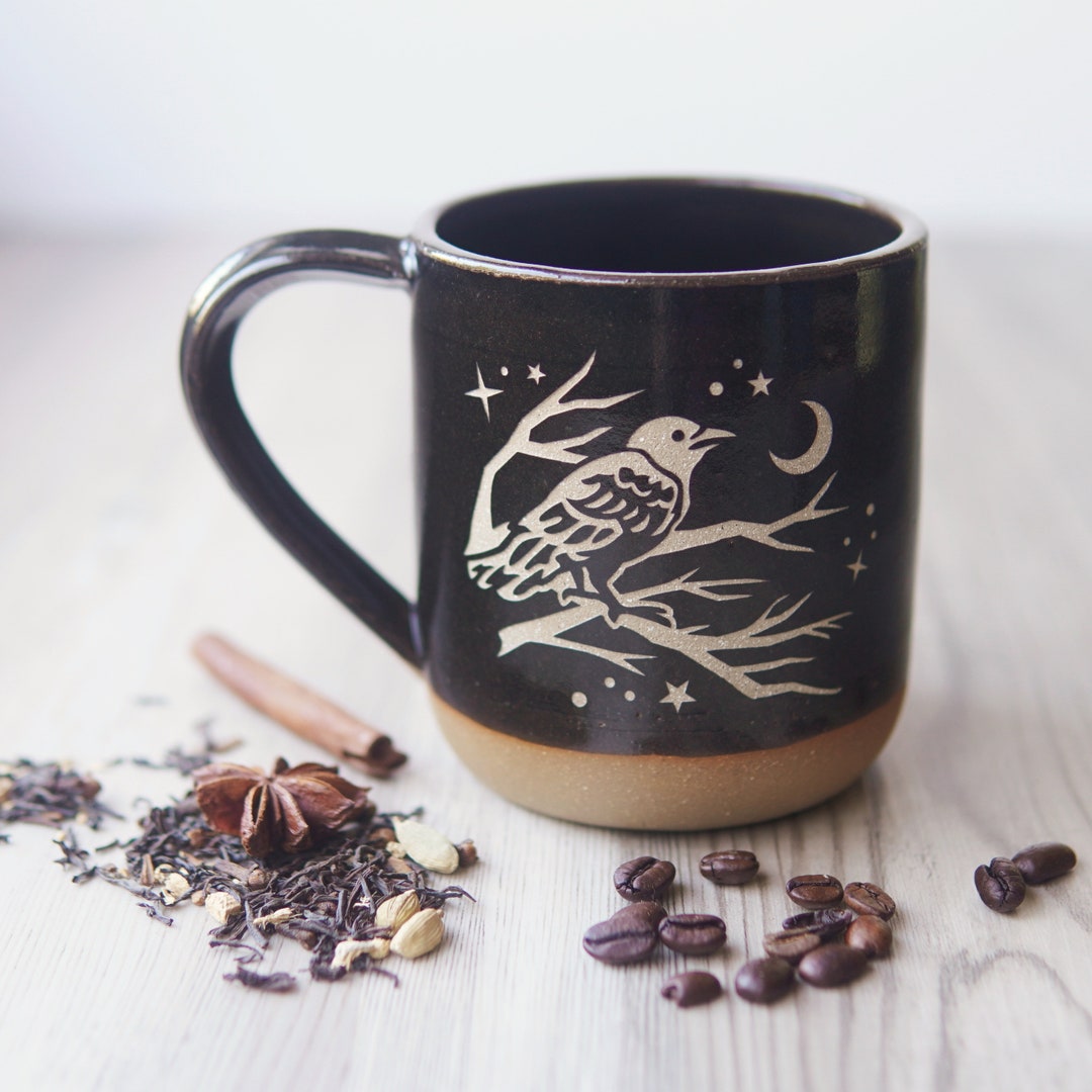 Crow Mug Bird of Death and Rebirth Engraved Rustic Pottery - Etsy