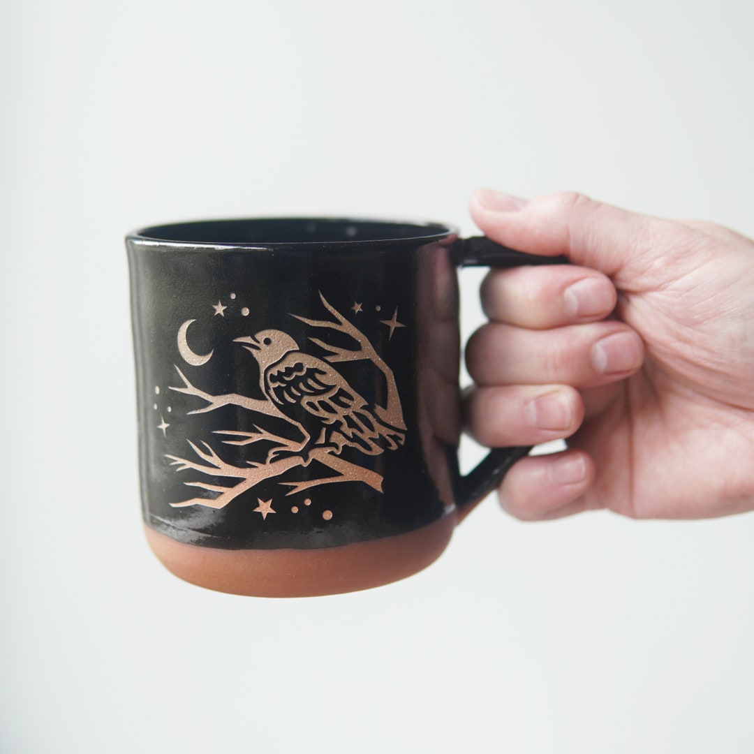 Crow Mug Bird of Death and Rebirth Engraved Rustic Pottery - Etsy