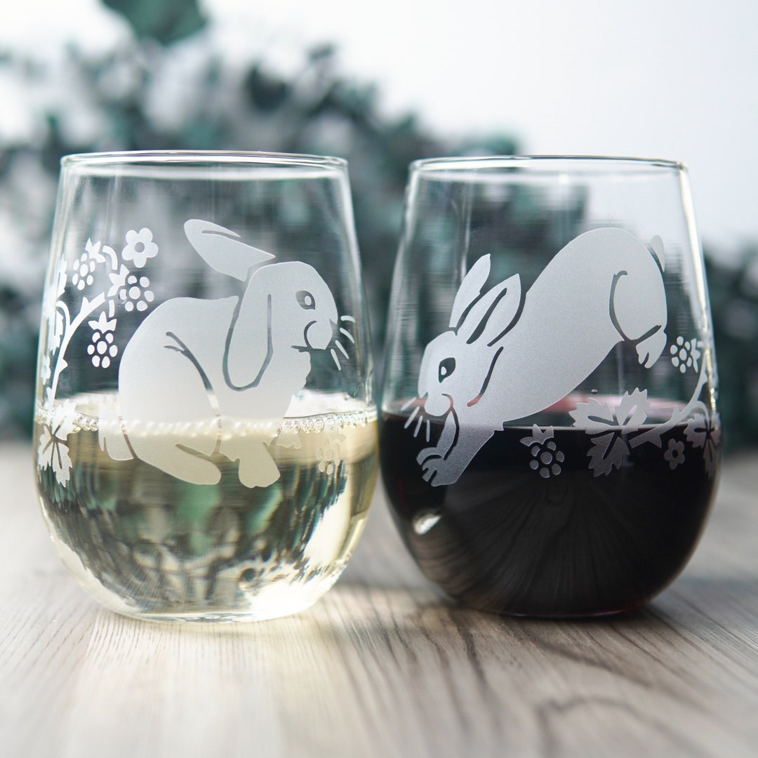 Rabbits Stemless Wine Glass Set of 2 - Bunny Engravings - Etsy