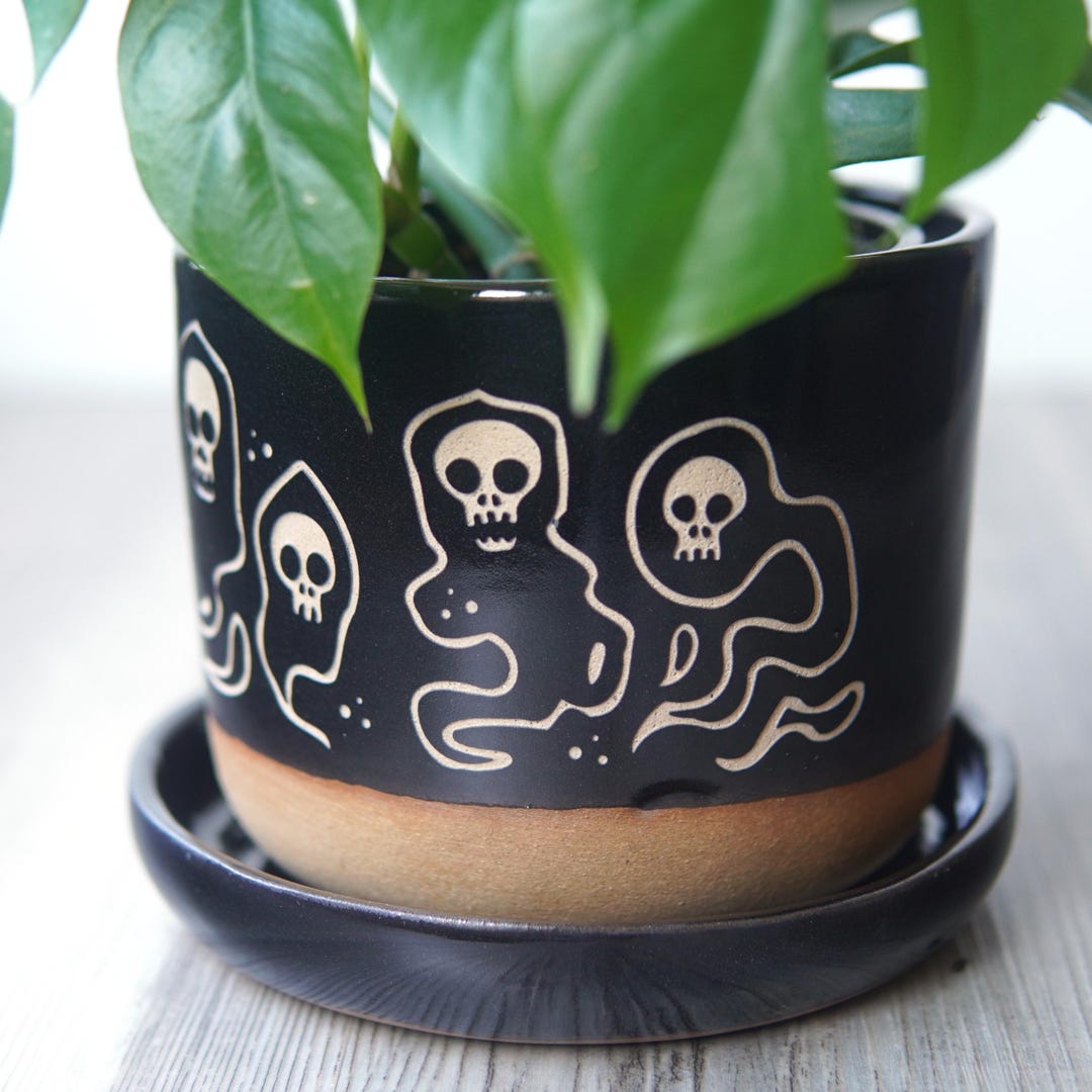 Wraith Skull Planter With Saucer - Spooky Ghost Plant Pot With Drainage ...